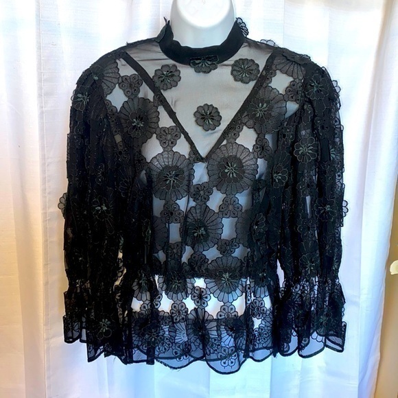 Tops | Retro 7s Vintage Sheer Lace Vtop Blouse With Flower Motif | Poshmark